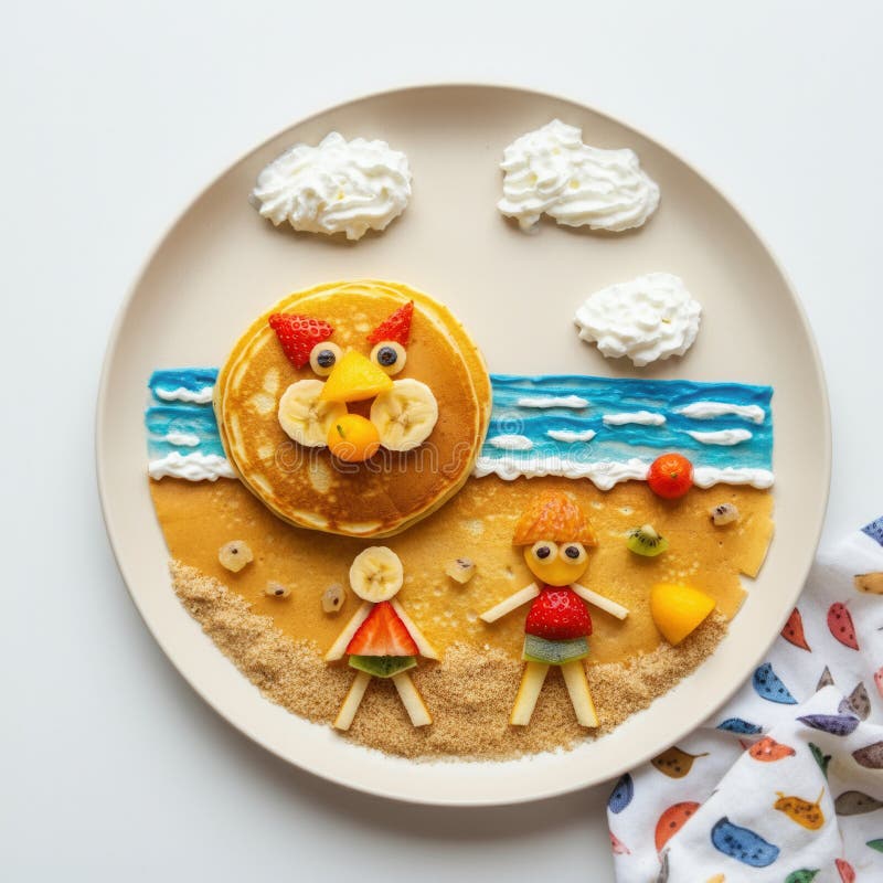 Creative Beach Scene Pancake Art with Fruit and Whipped Cream for a Fun ...
