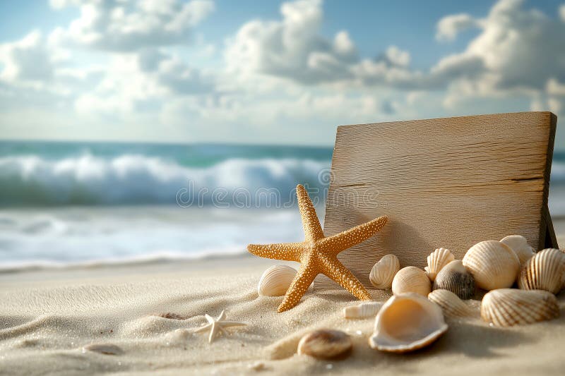 Creative Beach Setting with Empty Wooden Frame and Seashells on Sandy ...