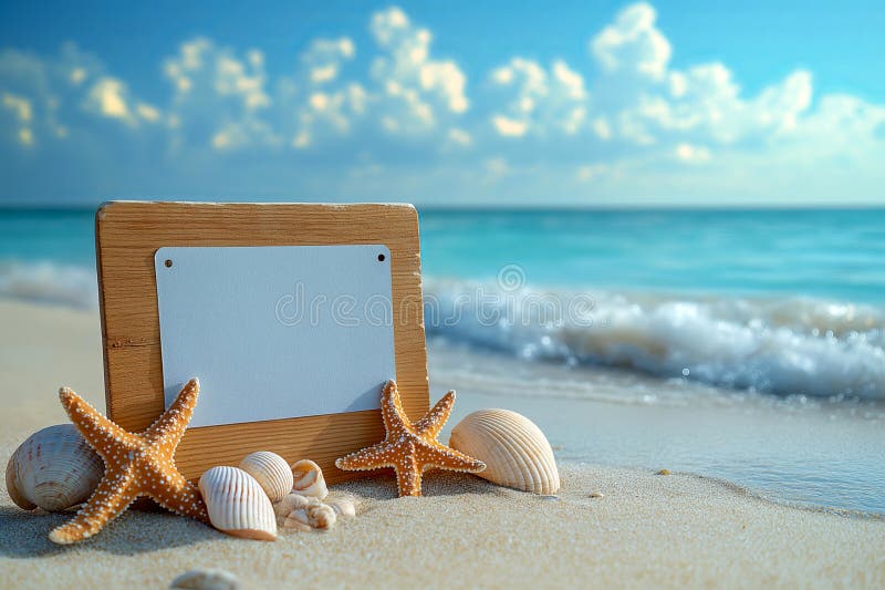 Creative Beach Setting with Empty Wooden Frame and Seashells on Sandy ...