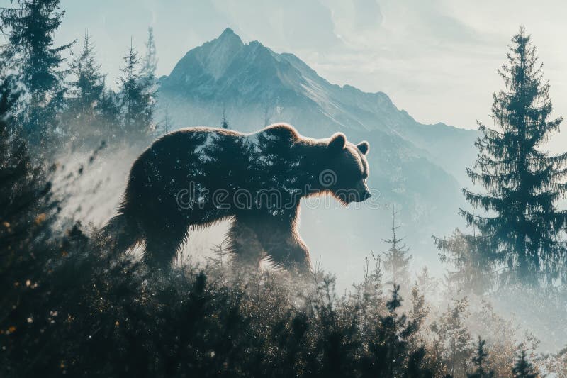 Creative Bear Exploring a Landscape of Pine Trees and Mountain Layers ...
