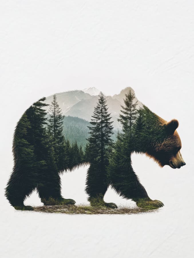 Creative Bear Exploring Pine Tree Landscape with Mountain Layers in a ...