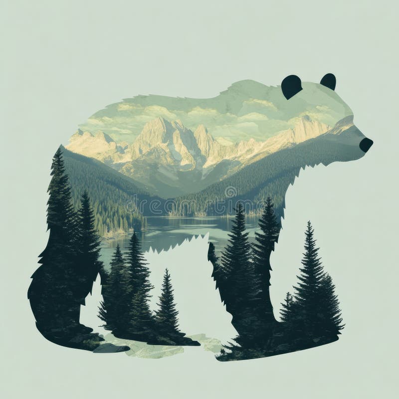 Creative Bear Illustration Combining Pine Trees and Mountains for a ...