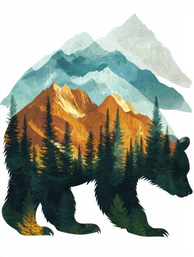 Creative Bear Illustration Featuring Pine Trees and Mountains ...
