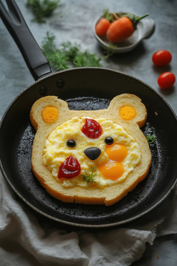 Creative Bear-shaped Scrambled Egg Toast in Skillet with Vegetables ...