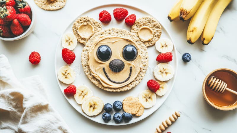 Creative Bear-themed Breakfast with Fruits and Honey for Kids Stock ...