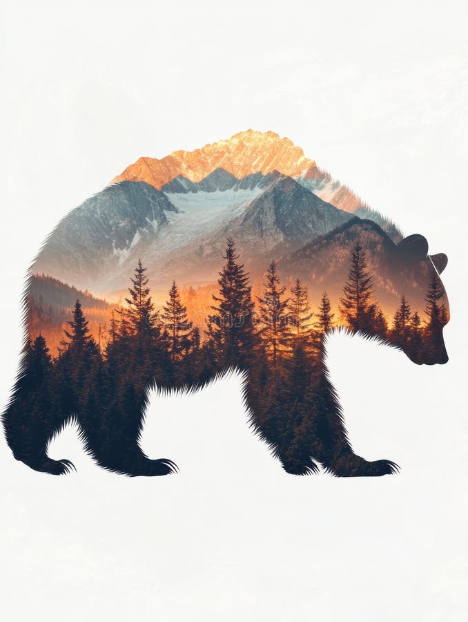 Creative Bear Walks through a Double Exposure Landscape of Pine Trees ...