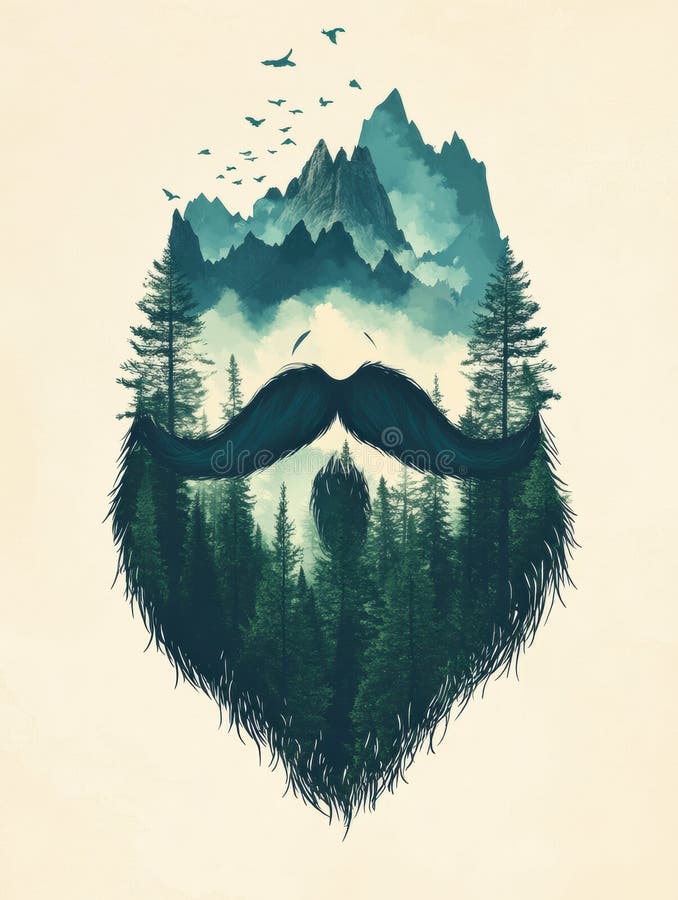 Creative Beard Illustration Featuring Pine Trees and Mountains in ...