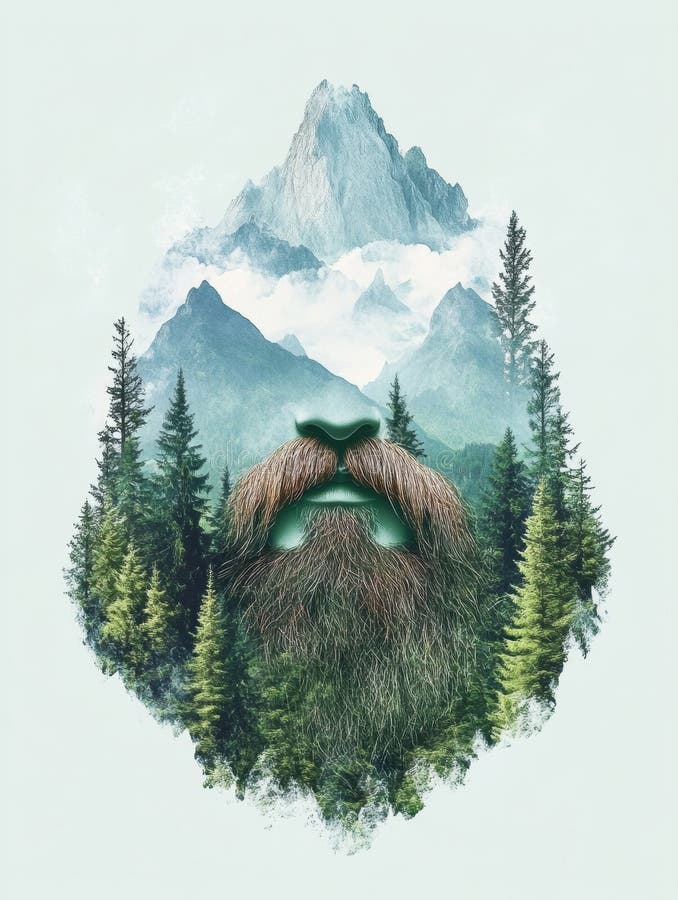 Creative Beard Illustration Featuring Pine Trees and Mountains for a ...