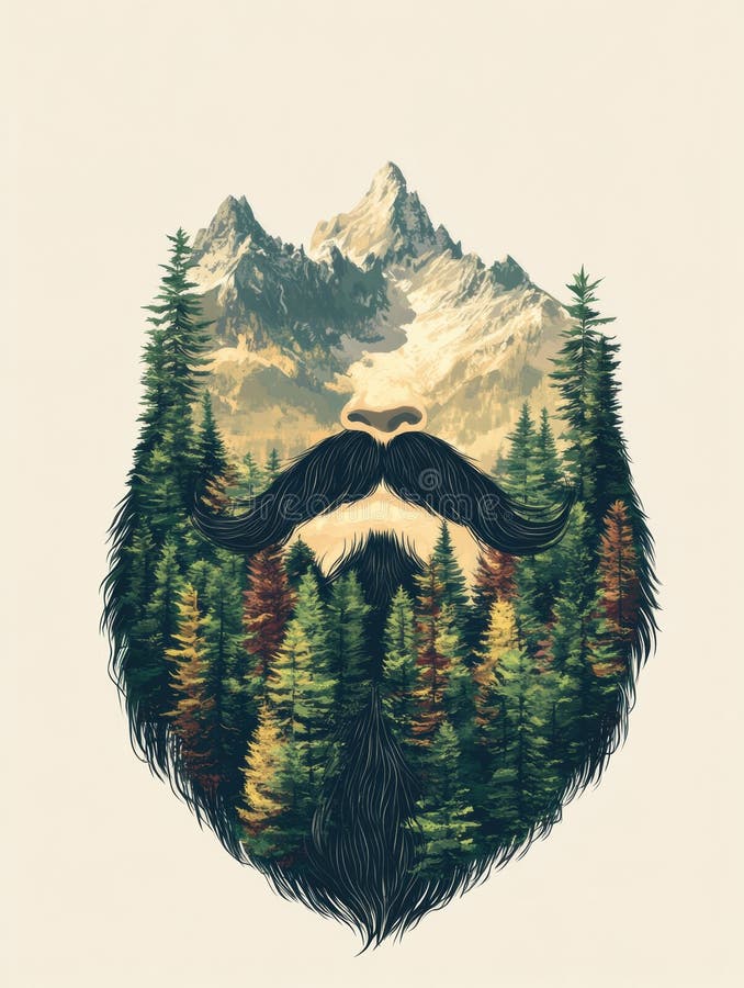Creative Beard Illustration Featuring Pine Trees and Mountains in a ...