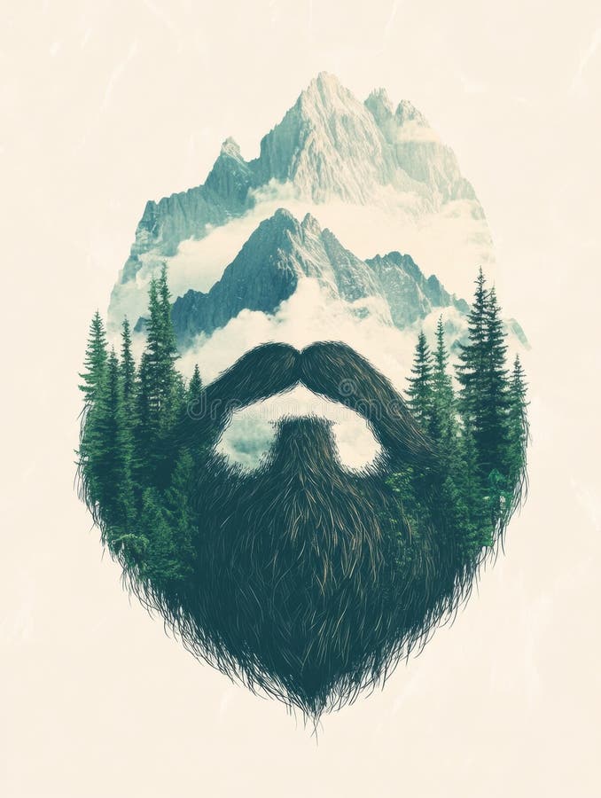 Creative Beard Illustration Formed by Pine Trees and Mountains ...