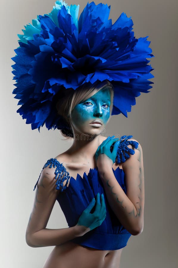 Creative Beauty Shot with Cyan Headdress Stock Photo - Image of female ...