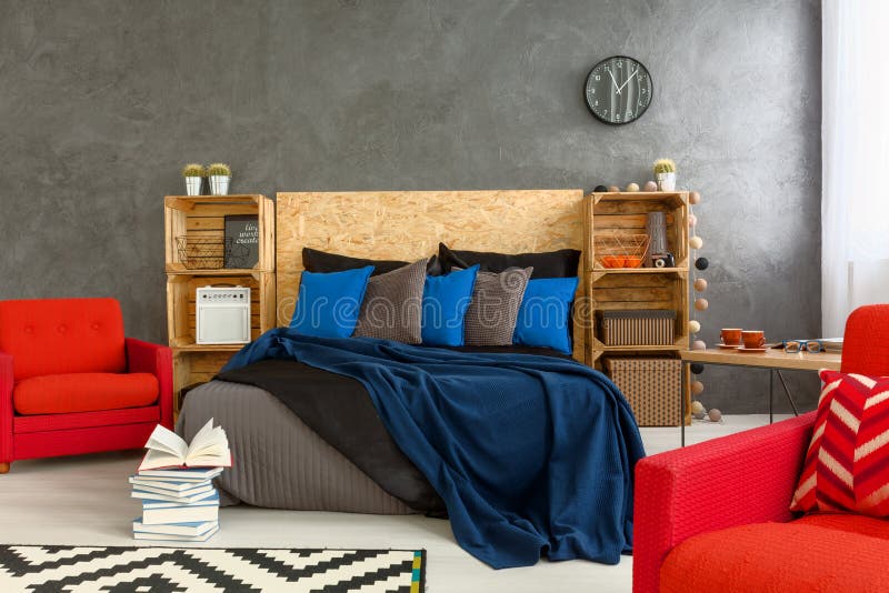 Creative bedroom space stock photo. Image of crate, wall - 76146236