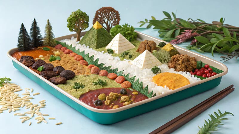 Creative Bento Box a Food Landscape Featuring Rice Pyramids and ...