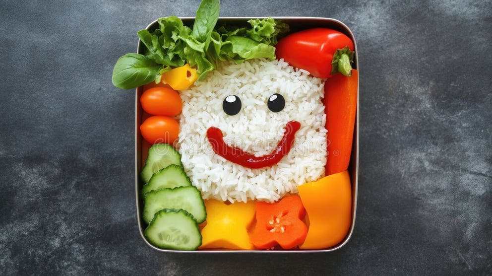 Creative Bento Box with Smiley Face Rice and Fresh Vegetables Stock ...