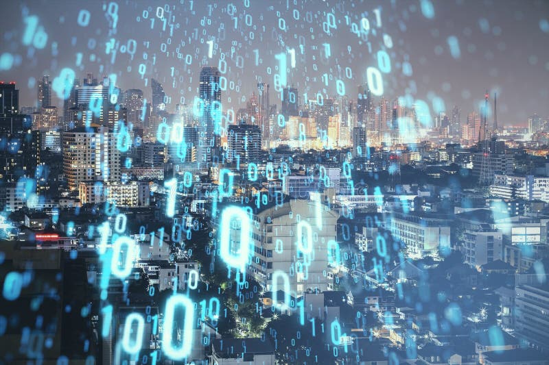 Creative Binary Coding on Blurry Night City Background. Matrix and ...