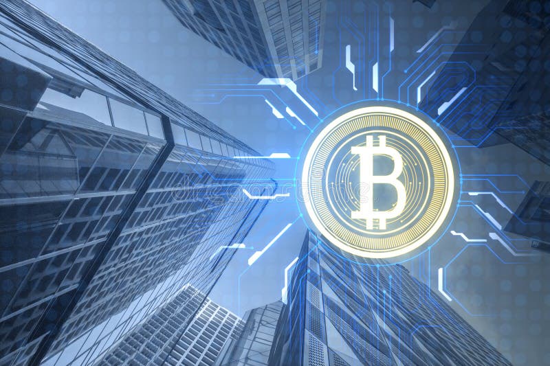 Creative Bitcoin Circuit Hologram on City Backdrop. Cyber Hologram ...