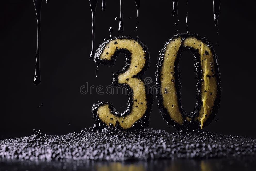 Creative Black and Gold Number 30 Design with Dripping Paint Effect ...