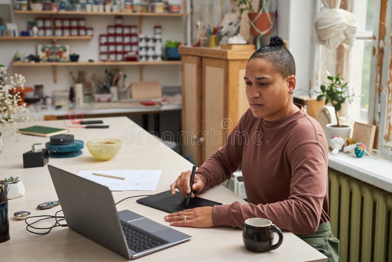 Creative Black Woman Using Pen Tablet Stock Photo - Image of black ...