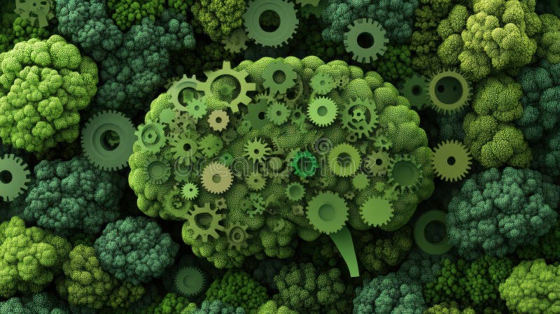 Green Gears Form a Brain Shape Amidst Lush Foliage, Symbolizing Nature ...