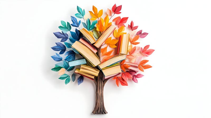 Creative Book Tree Concept with Colorful Leaves Symbolizing Learning, Wisdom, and Academic ...