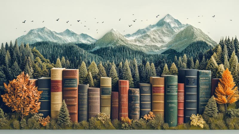 Creative Bookshelf Design Featuring Books with Mountain and Forest ...