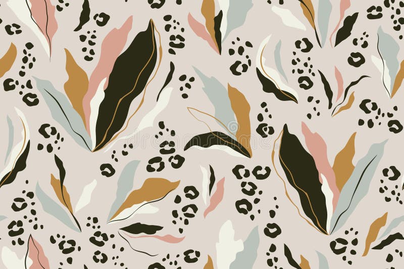 Creative Botanical Leaves Leopard Print Hand Drawn Abstract Seamless ...