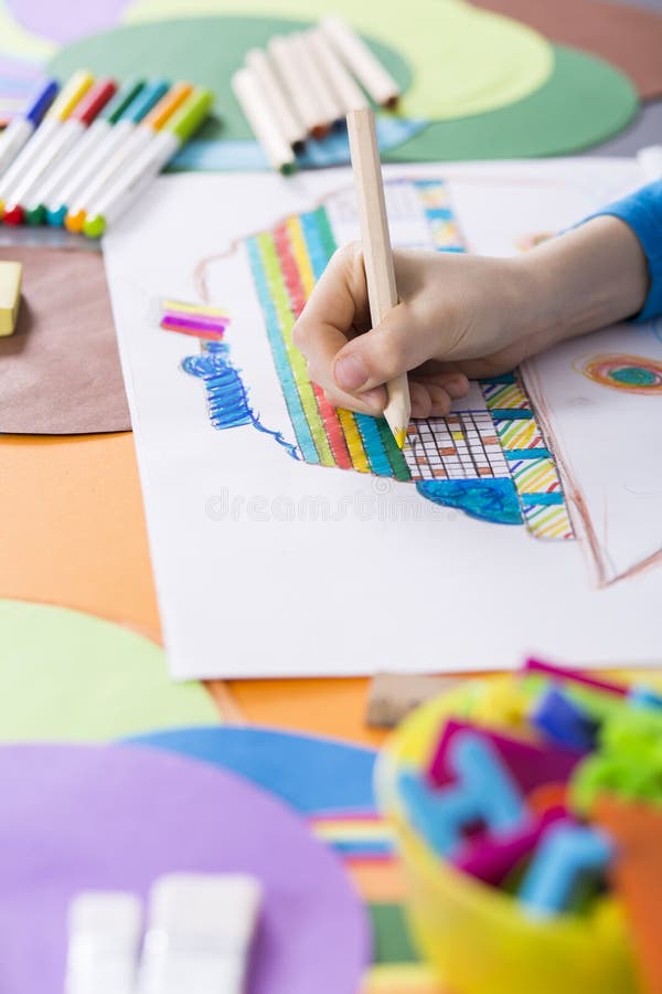 Creative boy drawing a stock image. Image of crayons - 80279787