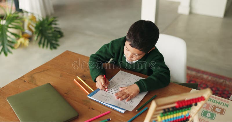 Creative, Boy and Home with Kid Education, Learning and Color Activity ...