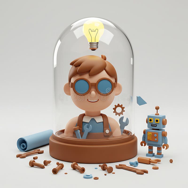 Creative Boy Inventor Under Glass Dome with Robot Stock Illustration ...