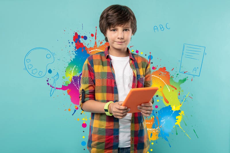 Creative Boy Smiling and Using His Modern Tablet for Drawing Stock ...