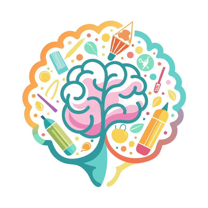Creative Brain Concept Illustration: Art Supplies, Ideas, Imagination ...