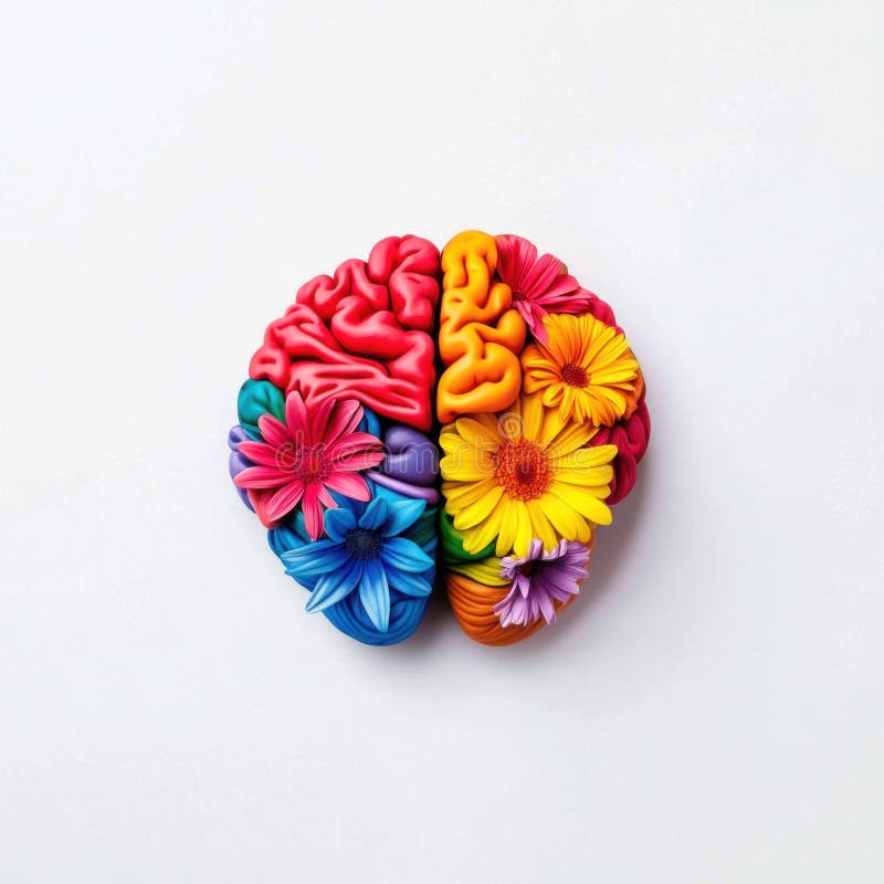 Creative Brain with Colorful Flowers on White Background Stock ...