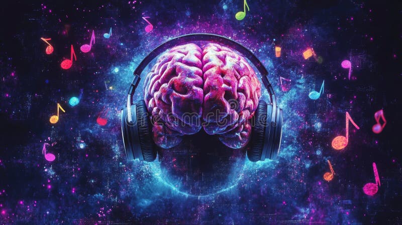 Creative Brain with Headphones Surrounded by Musical Notes in a Cosmic ...