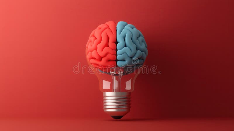 Creative Brain Idea Light Bulb with Two Tone Brain Red Background Stock ...