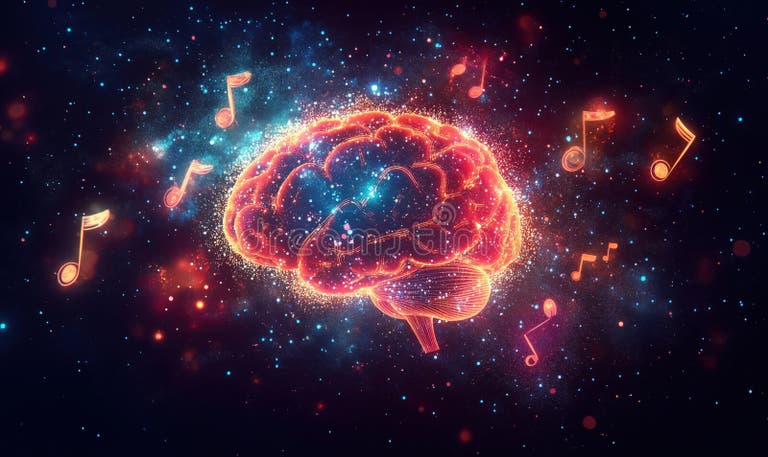 Creative Brain Illuminated by Music Notes in Cosmic Space Background ...