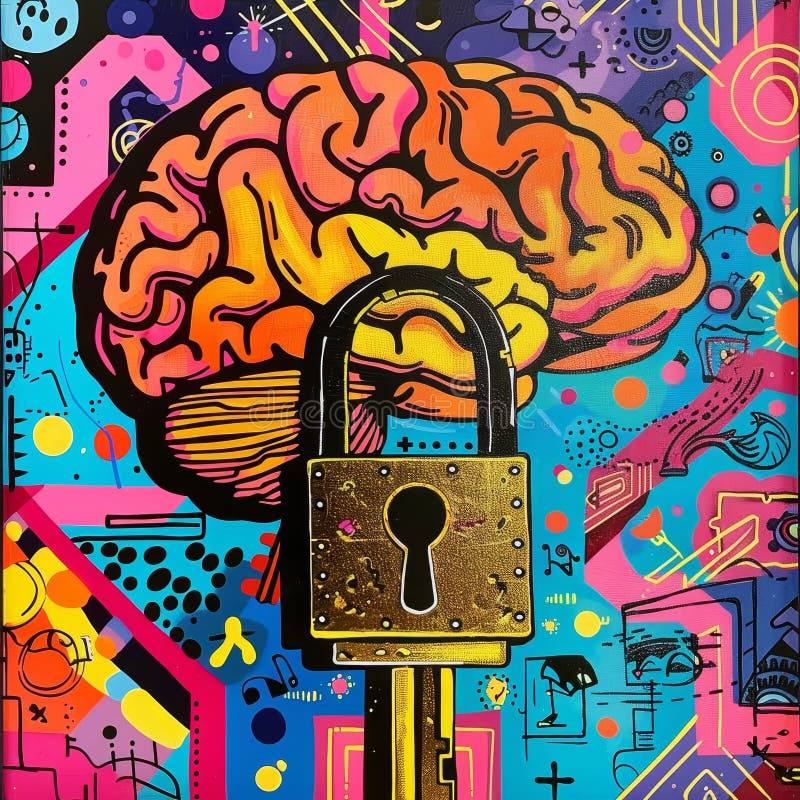 Creative Brain and Lock on Abstract Colorful Background. 3d ...