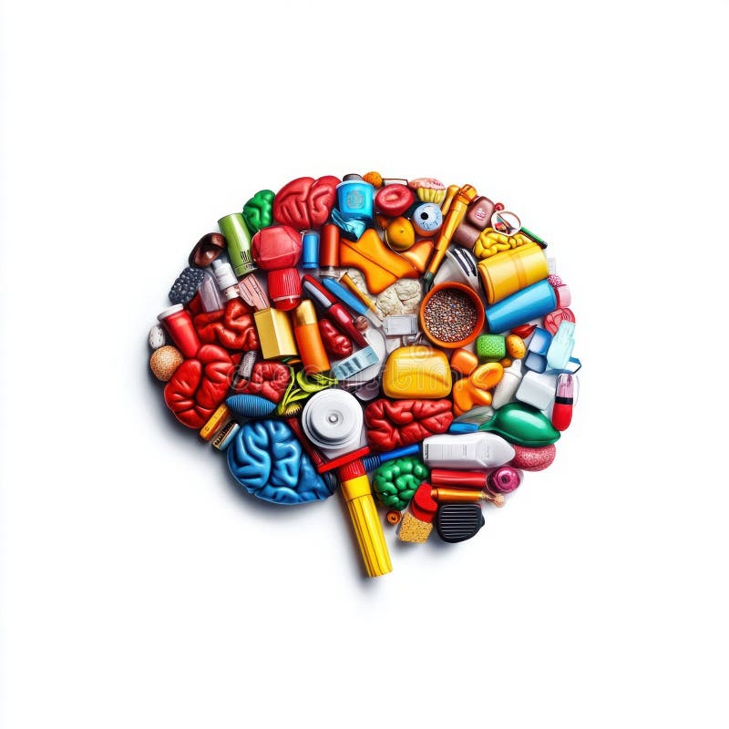 Creative Brain Shape Composed of Colorful Objects and Tools Stock ...