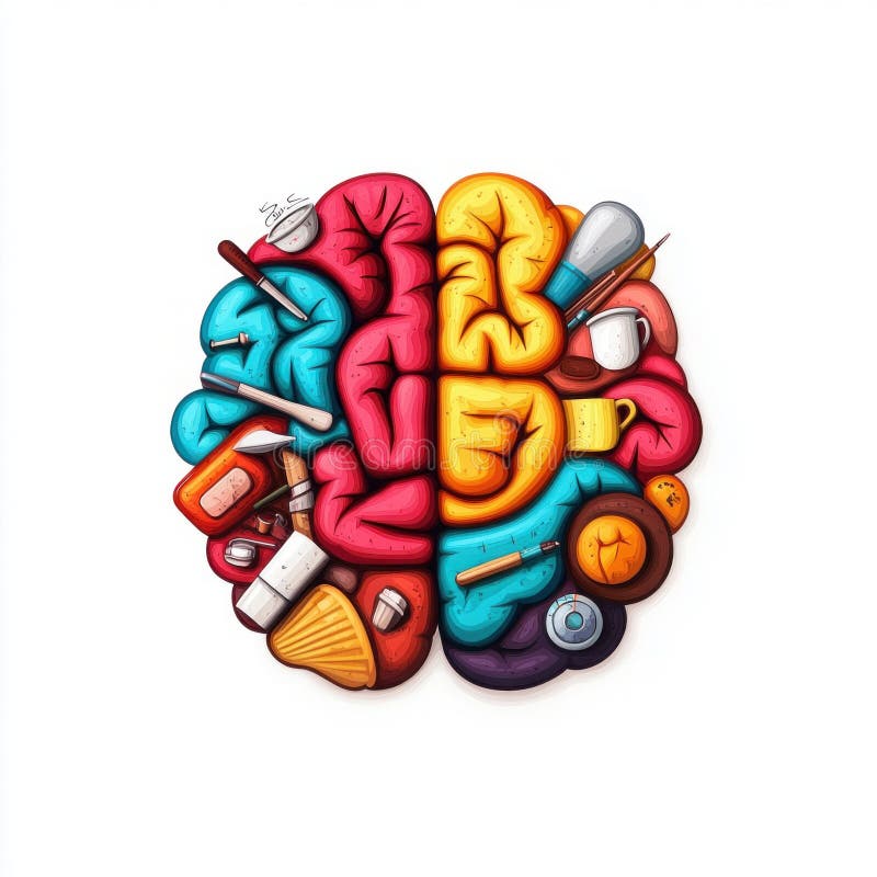 Creative Brain Shape Composed of Colorful Objects and Tools Stock ...