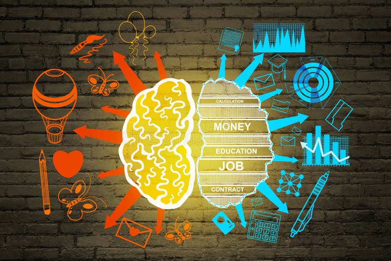 Creative Brain Sketch with Creative and Analytical Side on Brick Wall ...