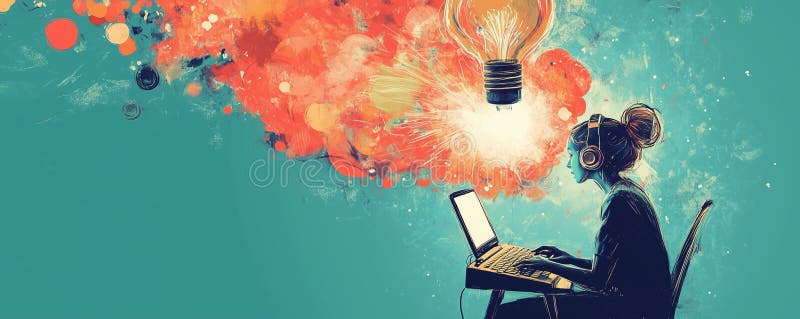 Creative Brainstorming Process Illustrated with a Person Using a Laptop ...