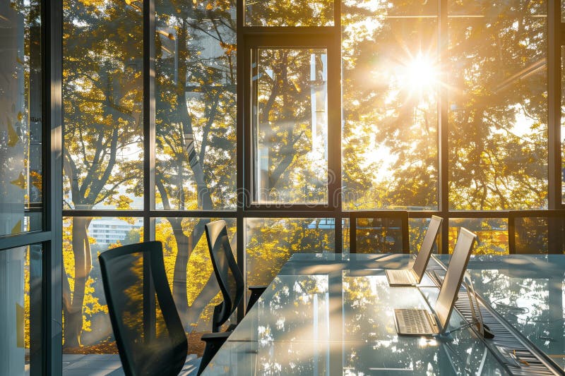 Creative Brainstorming Session, Glass Office with a Sunlit Tree Line ...