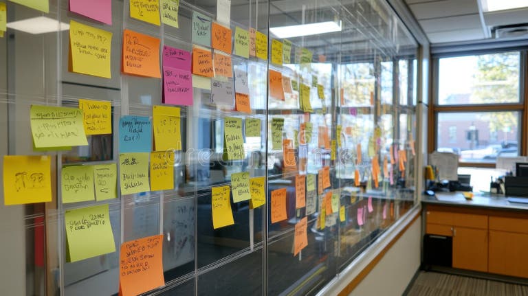 Creative Brainstorming with Sticky Notes on a Transparent Board Stock ...