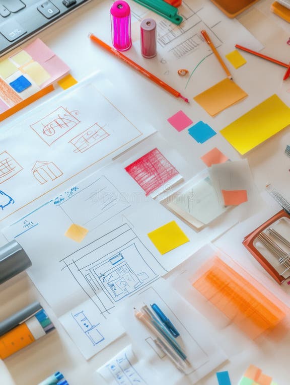 Creative Brainstorming Workspace Featuring Sticky Notes, Sketches, and ...