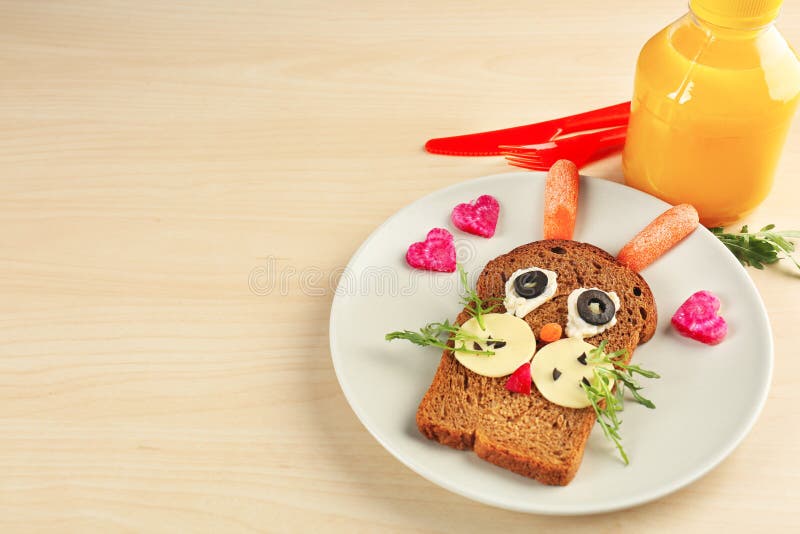 Creative Breakfast for Children on Plate. Recipe Ideas with Bread Stock ...