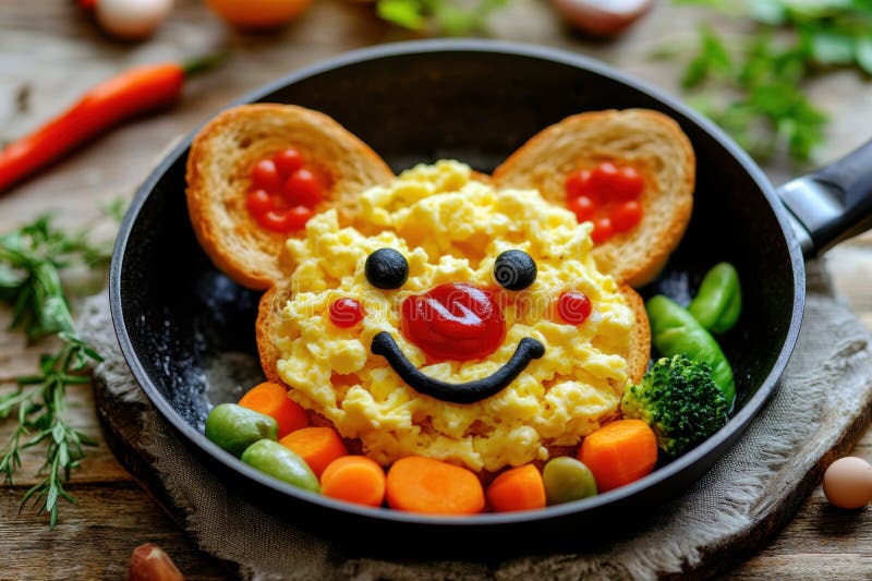 Creative Breakfast with Scrambled Egg Bear Face, Assorted Vegetables ...