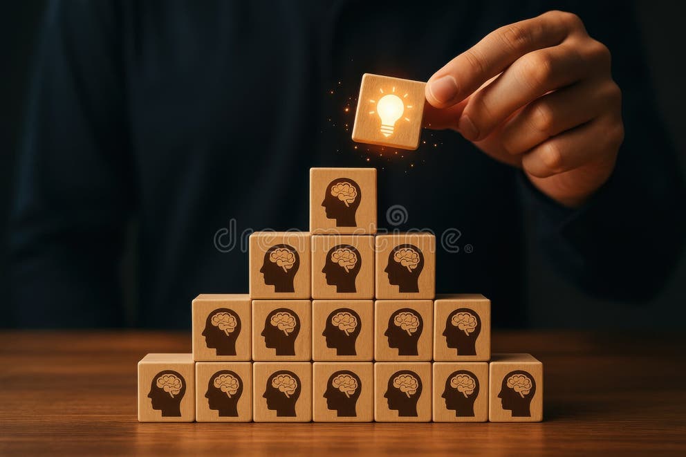 Creative Breakthrough Concept with Person Completing Pyramid of Thought ...