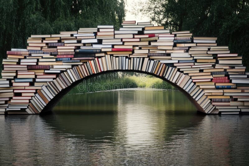 Creative Bridge Made of Stacked Books Over Tranquil River Stock Photo ...
