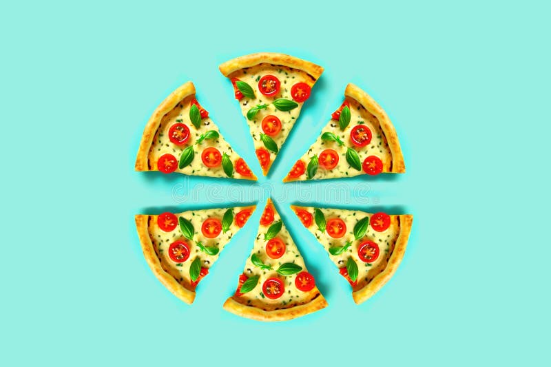 Creative Bright Pizza Consist with Cut Pieces on Blue or Turquoise ...