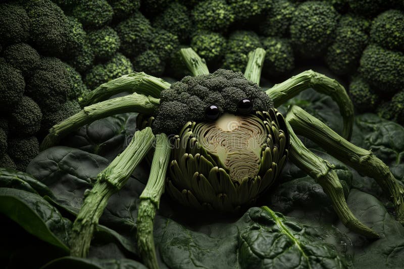 Creative Broccoli Spider Art Made of Greens on Dark Leafy Background ...