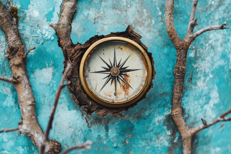 Creative Broken Compass with Tree Branches Symbolizes Lost Direction in the Embrace of Nature in ...